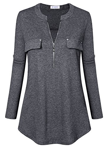 Bulotus Women's Zip Front Long Sleeve Loose Fit Tunic Blouse Casual Top,Grey,Large