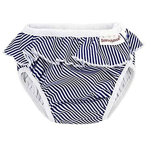 Imse Vimse Reusable Swim Diaper for Baby and Toddler Girls with Ruffle and Snaps (White Blue Stripe, SL 28-37 lbs)