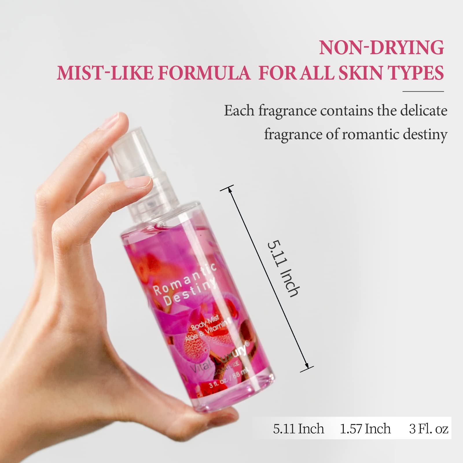 Vital Luxury Body Mist Set, Travel Size Spray Bottle, Long Lasting Perfume Gift Sets, Fragrance Mist for Men & Women, Romantic Destiny, Pack Of 2, 3 Fl Oz Each