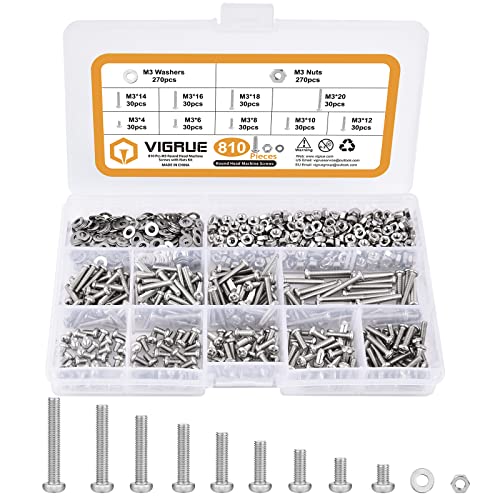 VIGRUE 810Pcs M3 x 4/6/8/10/12/14/16/18/20 mm Screw Assortment Kit 304 Stainless Steel Phillips Pan Head Machine Screws Bolts Nuts Lock Flat Washers with Storage Box