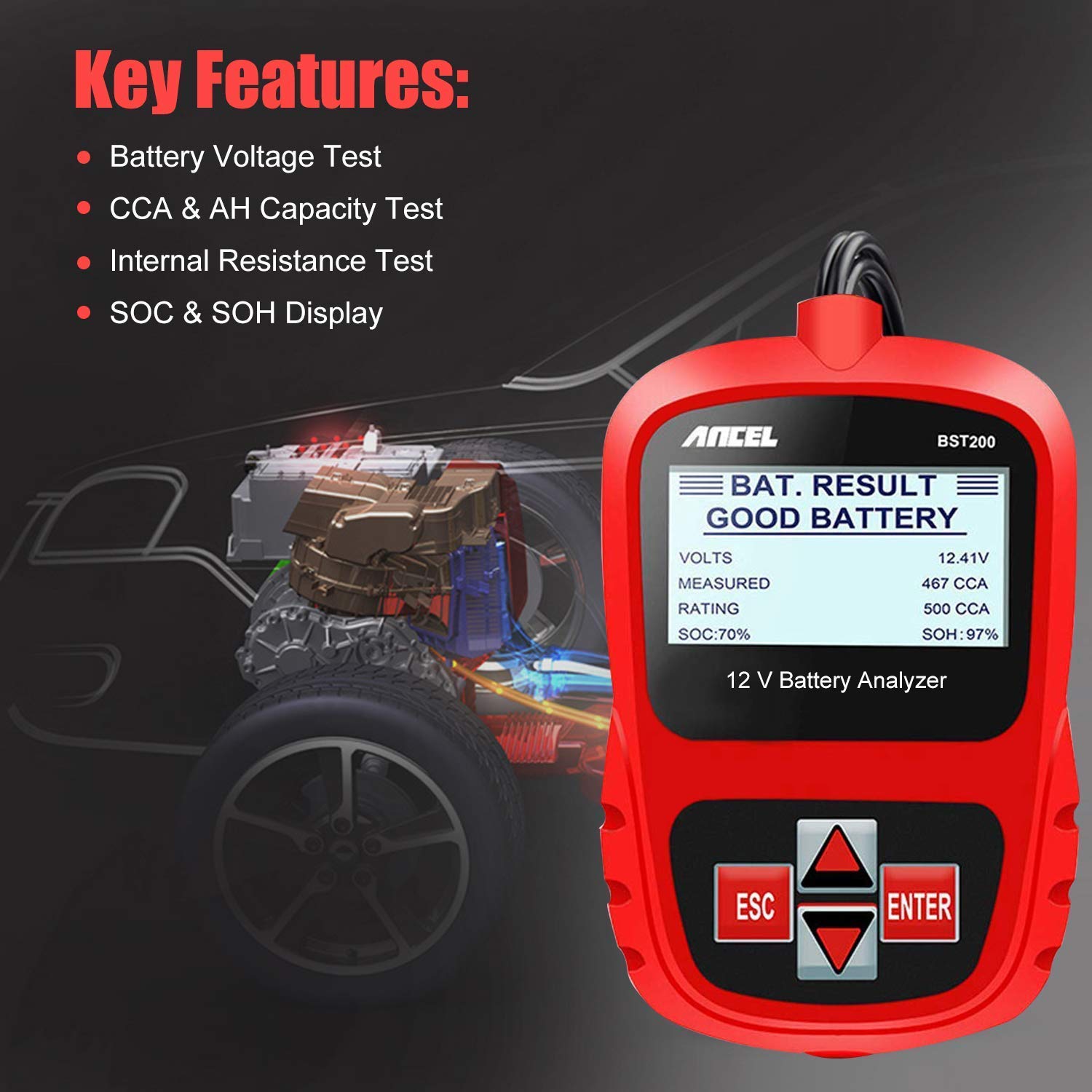 ANCEL BST200 Car Battery Load Tester 12V 100-1100 CCA Automotive Bad Cell Test Tool Digital Analyzer with ANCEL Protective Case Storage Bag