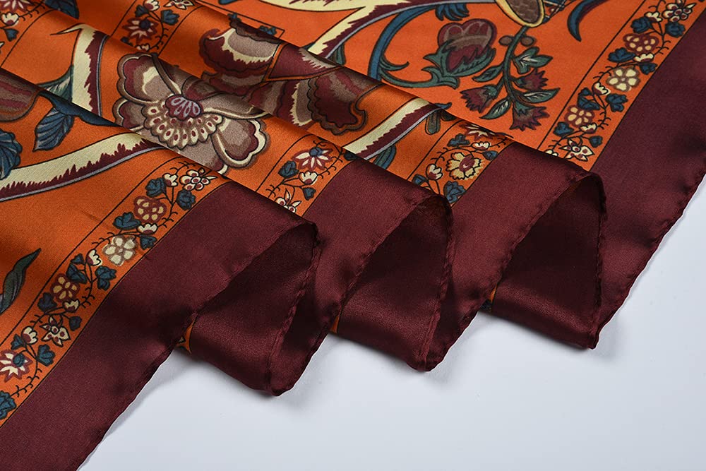corciova Large Lightweight Women Square Designer Silk Scarf Shawl Pashmina Wrap 53 x 53 Safety Orange Burgundy Florals