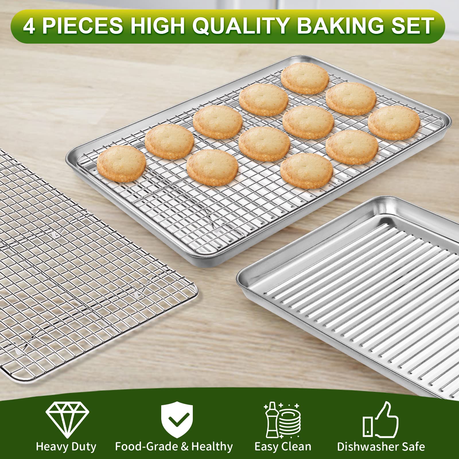 Baking Sheet with Wire Rack Set (2 Baking Pans + 2 Cooling Racks), CEKEE Stainless Steel Cookie Sheets for Baking Sheet Pan Tray, Jelly Roll Pan, Warp Resistant & Heavy Duty, Size 16 x 12 x 1 Inches