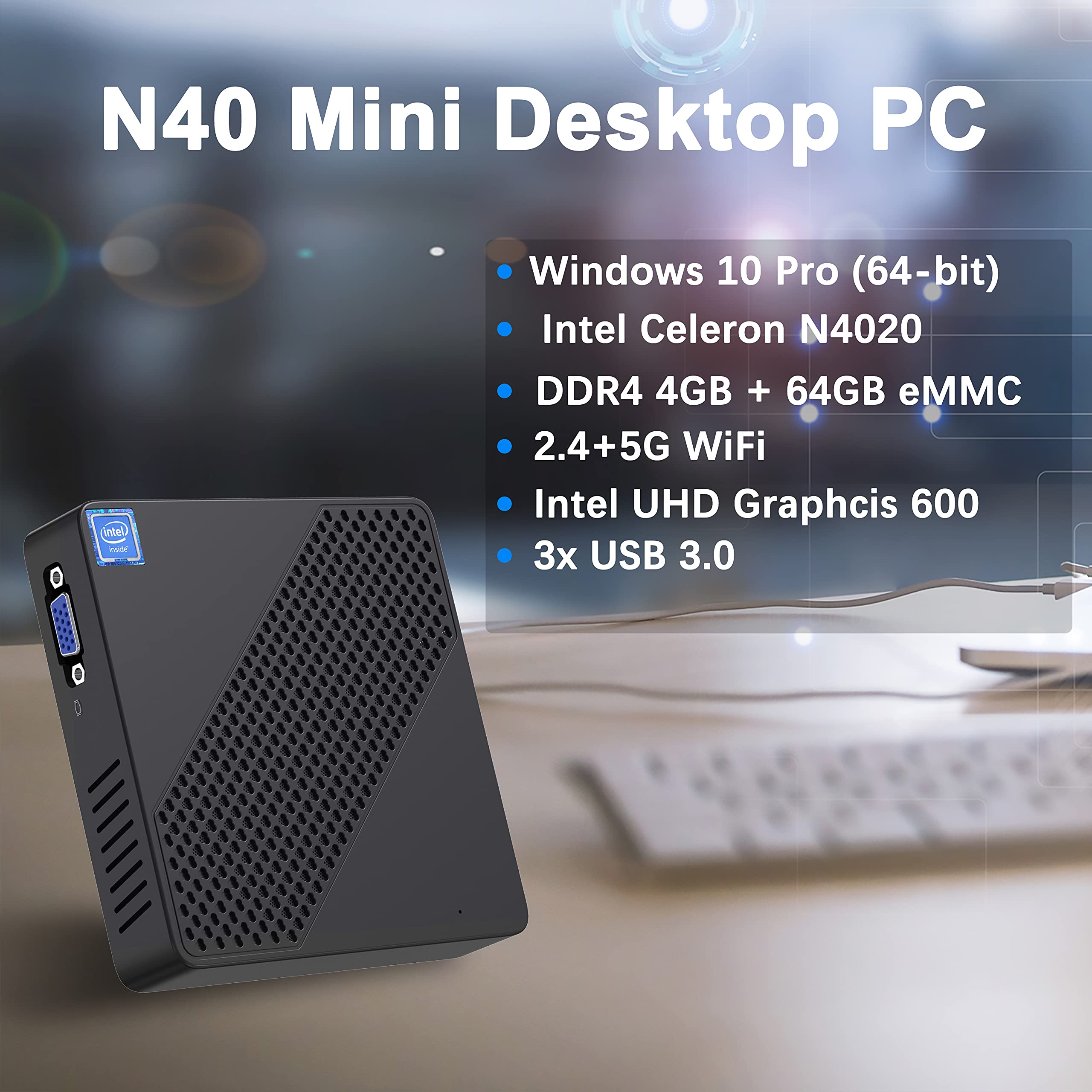 MINISFORUM N40 Mini PC UHD 4K@60Hz Celeron N4020(up to 2.8GHz) Fanless Mini Computer, DDR4 4GB+64GB eMMC, DIY SSD, Dual Band WiFi, HDMI&VGA Desktop Mini Computer
