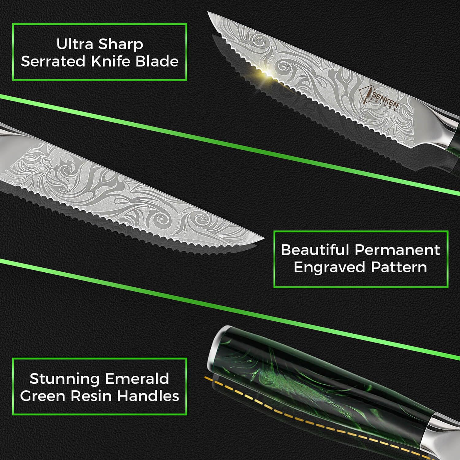 SENKEN Professional Steak Knife Set with Beautiful Engraved Pattern - Wasabi Collection - Razor Sharp Serrated High Carbon Steel & Emerald Green Resin Handle (6 Piece Steak Knife Set)