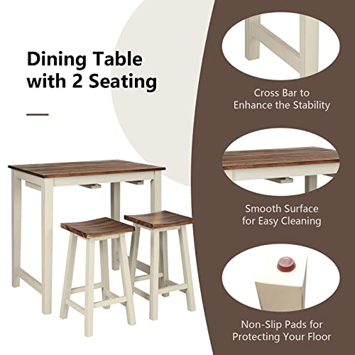 COSTWAY 3 Pieces Dining Set, Counter Height Pub Table Set with 2 Saddle Stools, Industrial Wood Breakfast Table Set for Bar, Kitchen, Living Room, Restaurant