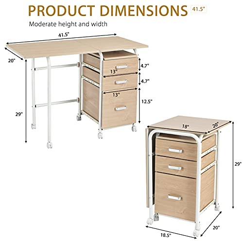 Tangkula Folding Computer Desk with 3 Storage Drawers, Mobile Home Office Desk Study Writing Desk with Smooth Wheels, Space Saving Compact Desk for Dorm Apartment, Rolling Folding Desk Table