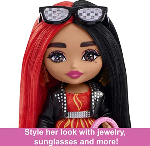 Barbie Extra Minis Doll & Accessories with Red & Black Hair, Toy Pieces Include Flame-Print Dress & Moto Jacket