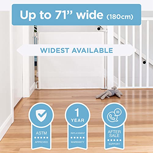 Perma Child Safety Indoor/Outdoor Retractable Baby Gate 33" Tall, Extends to 71" Wide, White