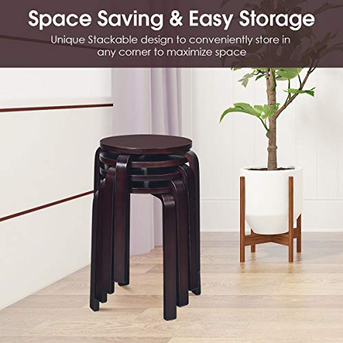 COSTWAY Stackable Bentwood Stools Set of 4, 18-Inch Height Backless Counter Chairs with Round Top, Anti-Slip Felt Pad, Portable School Stool for Dining Room, Kitchen, Classroom, Dark Coffee