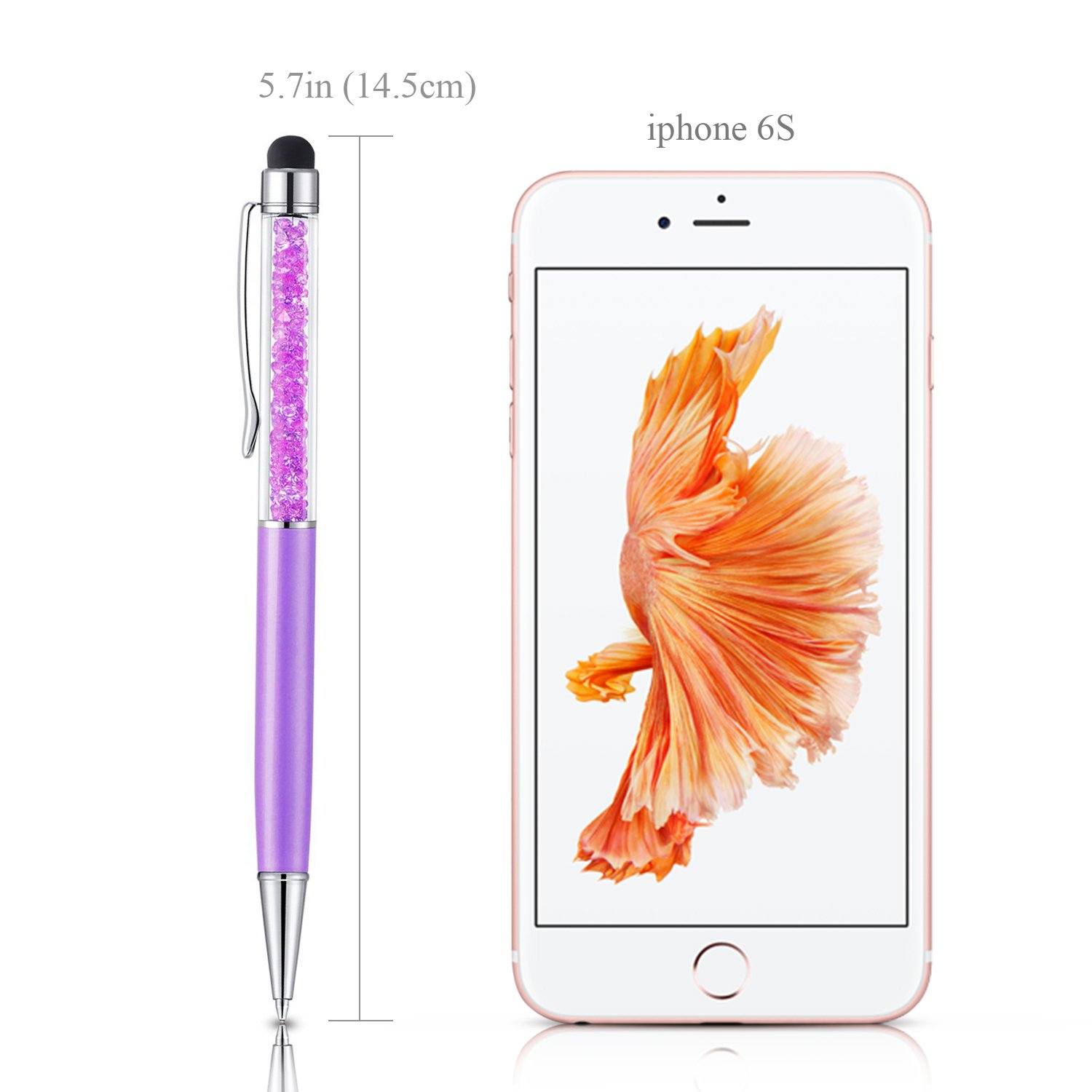 Stylus Pens, Besgoods 6Pcs Crystal 2 in 1 Slim Capacitive Stylus &Ballpoint Pen for Touch Screens, Phones and Tablets, Sky Blue pink Purple Royal Blue Black White