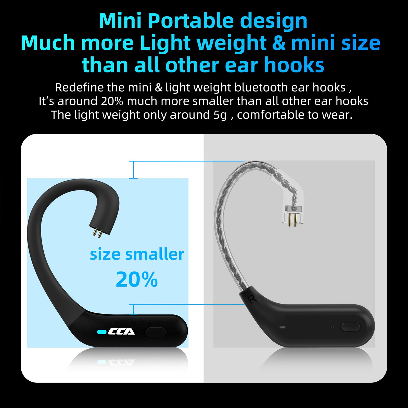 CCA BTX Bluetooth 5.2 Module IEM Bluetooth Adapter with Mic Waterproof Ear Hook Extra Long Battery Life Bluetooth Cable for KZ ZS10 PRO/ZSN Pro X/ZSN PRO/ZSN/AS16/ZAX/DQ6 CA16 /C12/CRA(C pin)