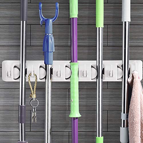 Tangkula Wall Mount Mop Broom Holder, Hanging Broom Organizer w/ 5 Slots & 6 Hooks, Home Storage Organizer Rack, Hanging Utility Rack for Home, Kitchen, Garage, Laundry (White)