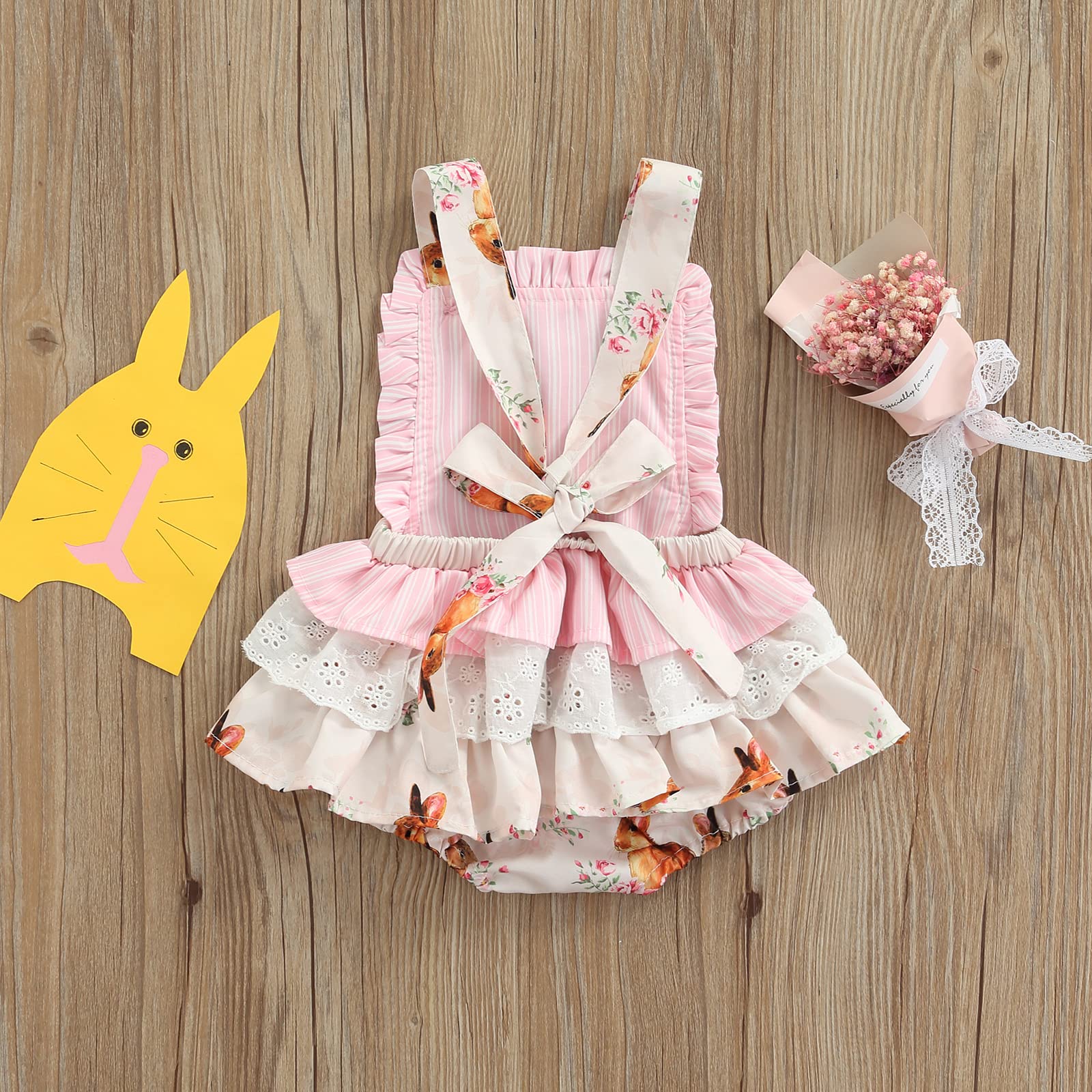 BOIBOKOKO Infant Baby Girl Easter Outfits Sleeveless Bunny Floral Print Romper Ruffle Halter Jumpsuit Bodysuit Easter Clothing (1#Beige, 0-6 Months)