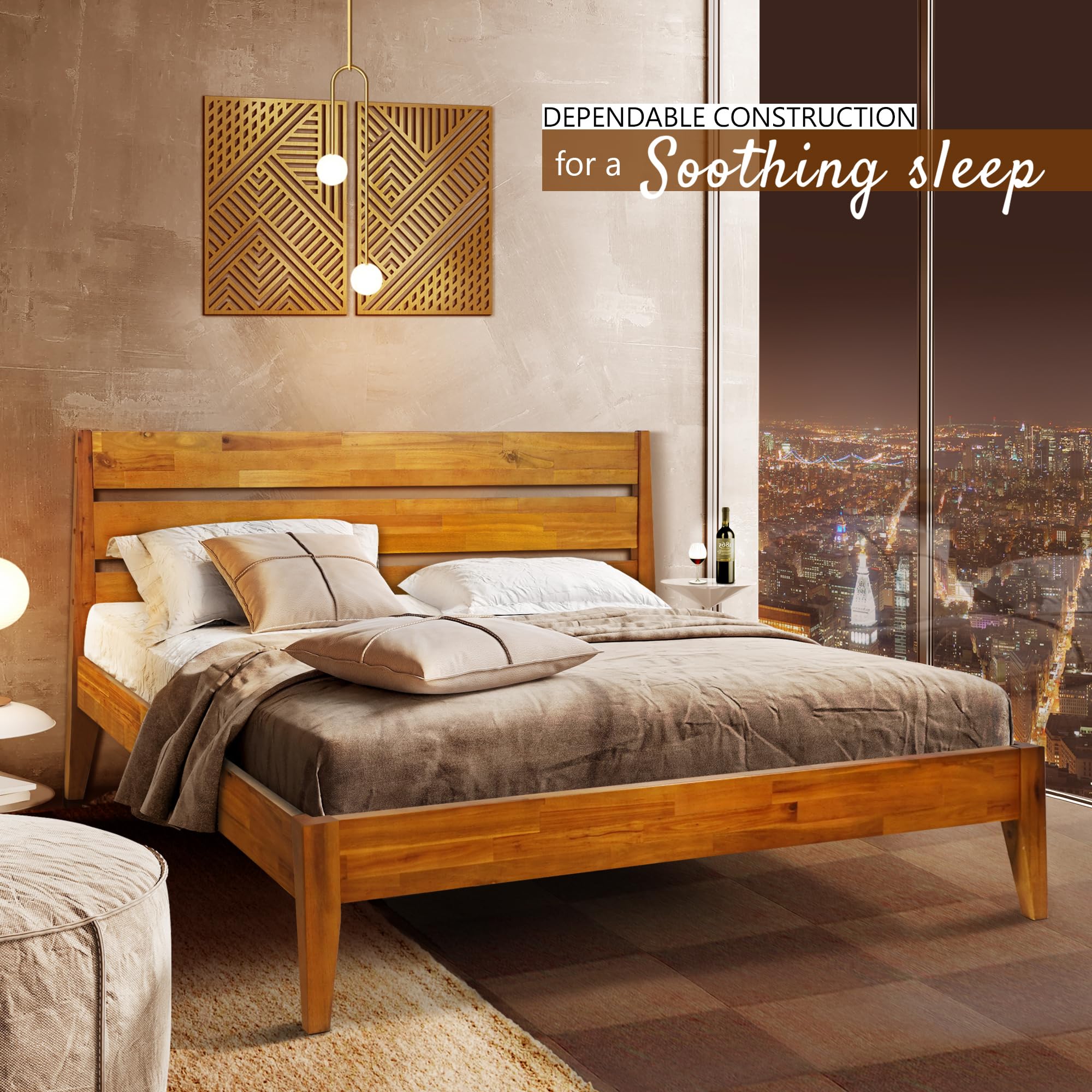 Acacia Emery Bed Frame with Headboard 100% Solid Wood Platform Bed, Mid Century Modern Wood Bed Compatible with All Mattresses, Non-Slip and Noise-Free, 30 Mins Assembly, King Size Bed Frame, Caramel