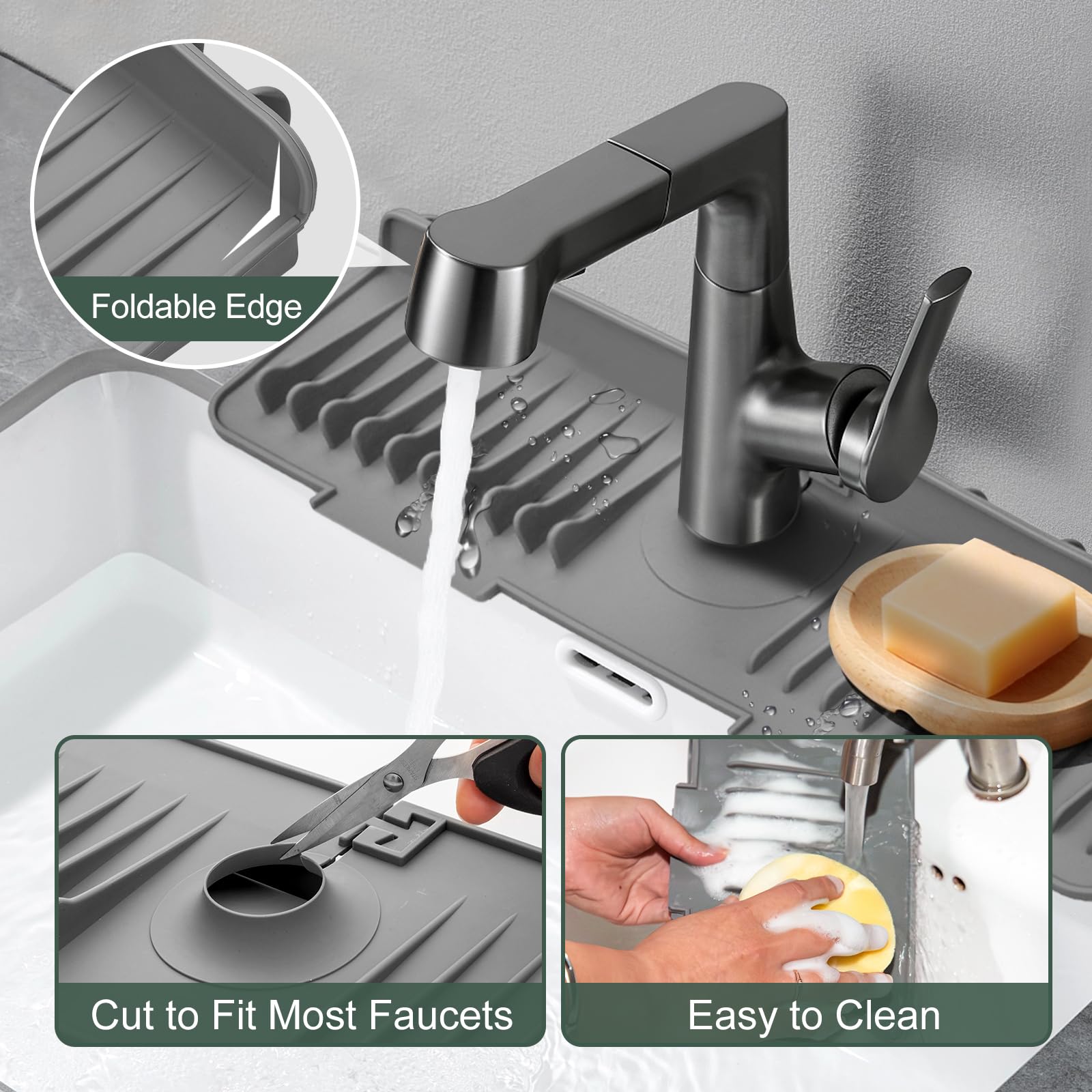iArtker 18"×5" Sink Splash Guard,Silicone Faucet Mat for Kitchen Bathroom Sink,Draining Mat Faucet Handle Drip Catcher Tray, Sink Organizer Holder for Sponge Dish Soap