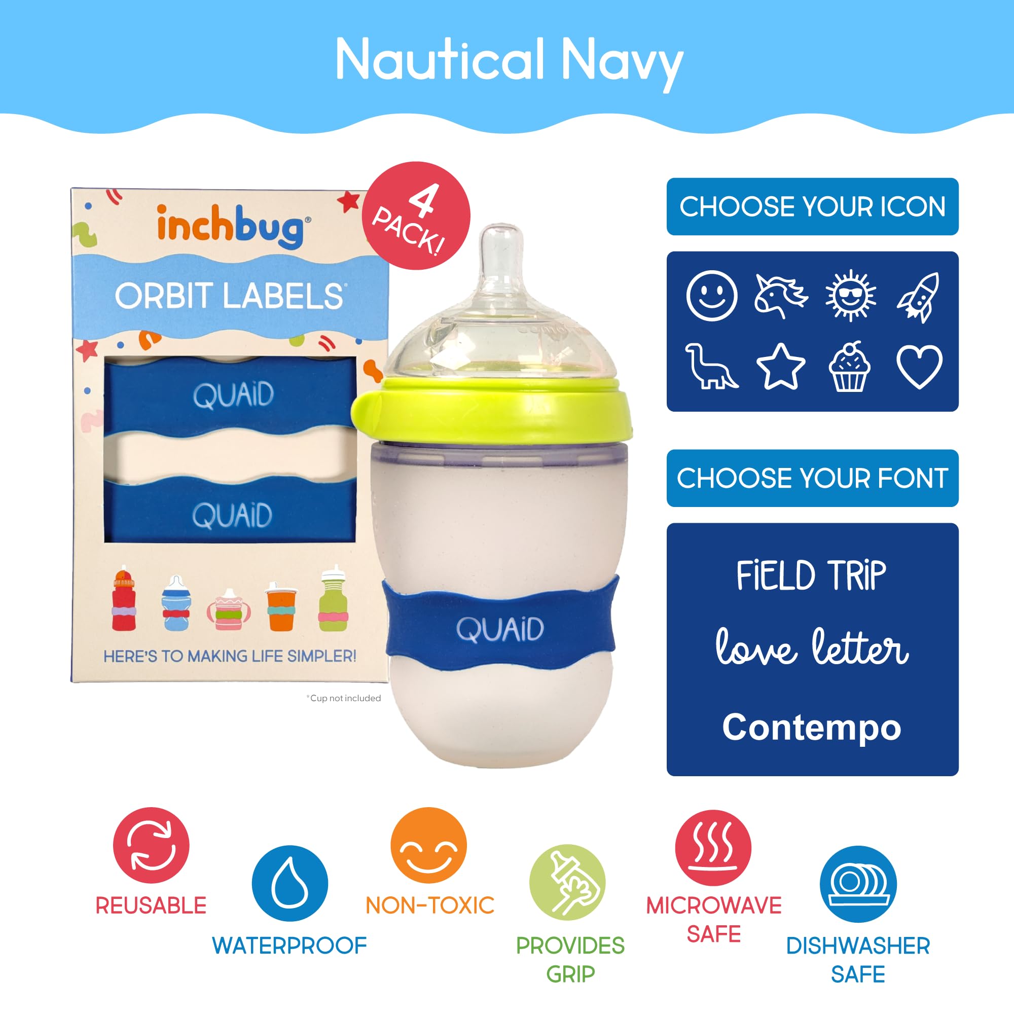 InchBug Orbit Labels - White Contrasting Personalization Silicone Baby Bottle & Sippy Cup Bands - Reusable, Dishwasher Safe, Engraved Name Labels for Daycare, 4-Pack (Nautical Navy)