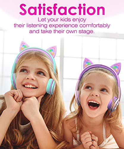 FosPower Kids Headphones with LED Cat Ears, 3.5mm On-Ear Wired Headset with Laced Cables for iPad/Smartphones/PC/Kindle/Tablet/Laptop/School (Max Volume 85dB)