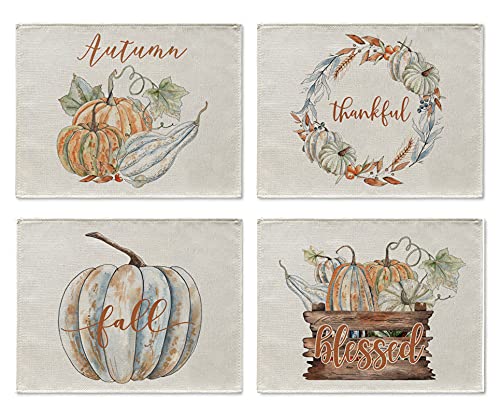 Fall Placemats Pumpkins Wreath Autumn Harvest Home Place Mats for Dining Table 12 x 16 Inch Blessed Thanksgiving Every Day Use Autumn Dinner Mat House Decor Set of 4
