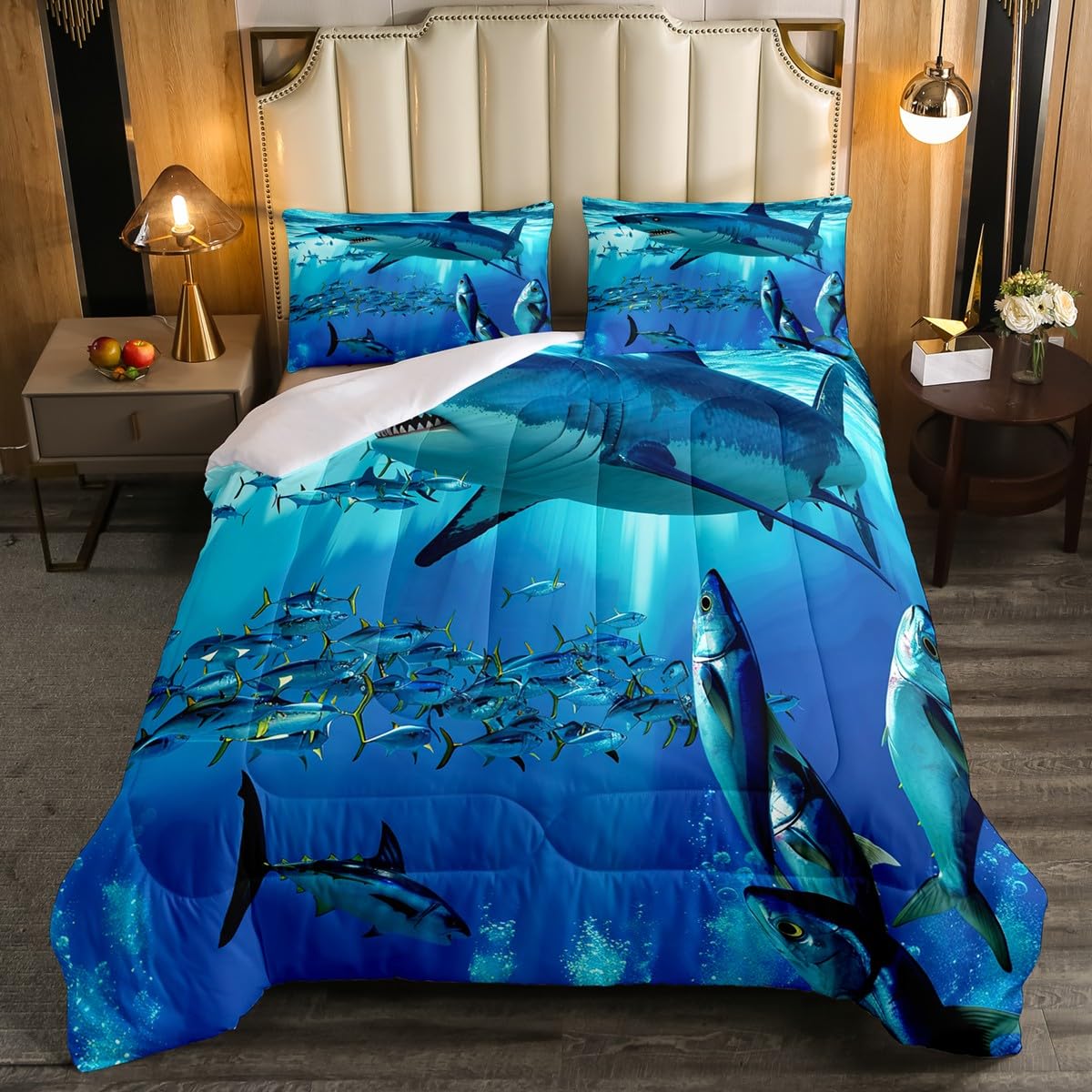 Erosebridal Blue Ocean Bedding Set Twin Size,3D Shark Duvet Insert Underwater Scenery Comforter Set Nautical Sea Animal Aquarium Quilted Duvet Coastal Creature Marine Life Bedroom Decor