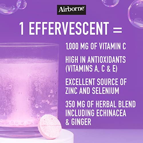 Airborne 1000mg Vitamin C with Zinc Effervescent Tablets, Immune Support Supplement with Powerful Antioxidants Vitamins A C & E - 36 Fizzy Drink Tablets, Very Berry Flavor