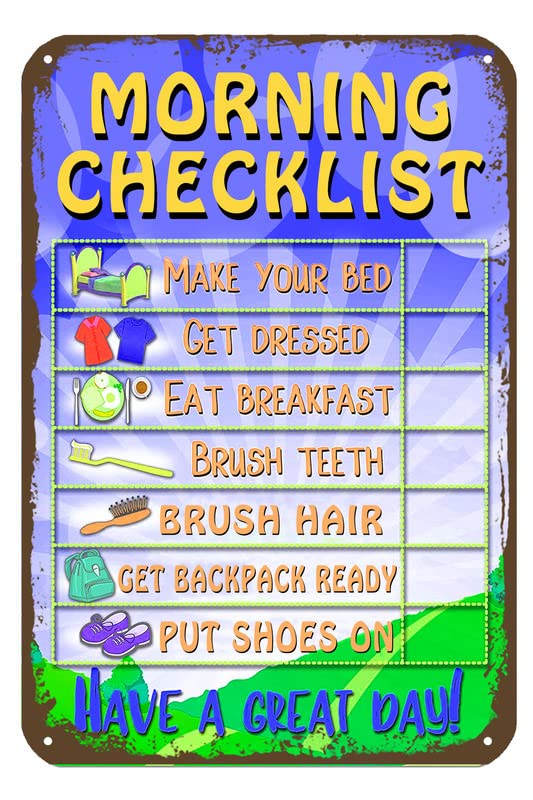 Daily Morning Routine Reward Chart For Kids And Autism - Tin Learning Calendar For Kids, Teaching Tool Vintage Wall Decor For Bedroom College Apartment Bar Club 8x12 Inch