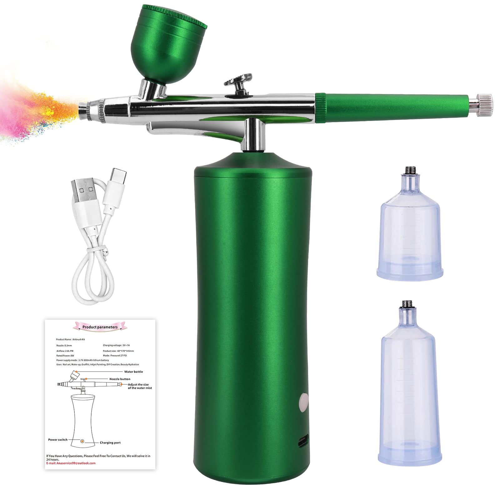 Airbrush Kit with Compressor, Auto Handheld Airbrush Gun with 0.3mm Tip (Mint Green)