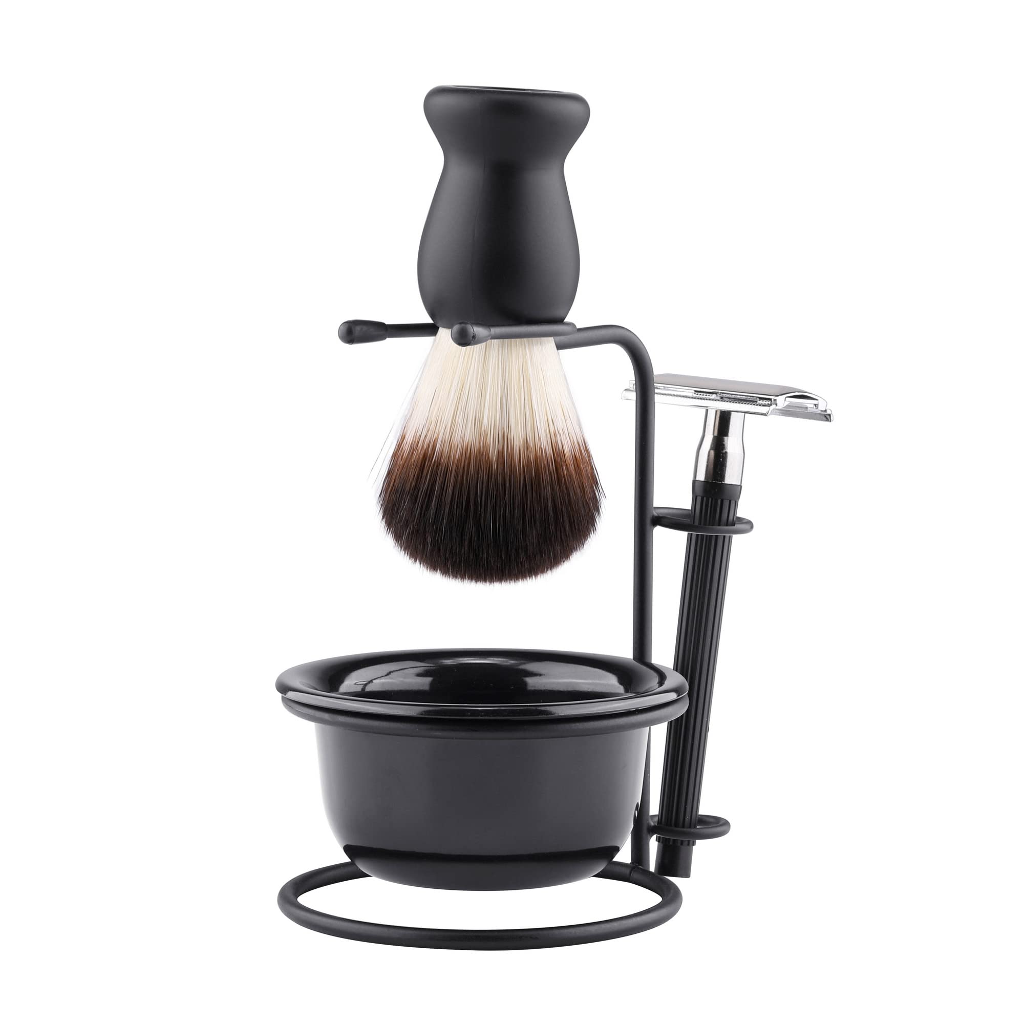 CCbeauty Mens Shaving Brush and Bowl Kit, 4-IN-1 Shave Brushes Set with Soap Cup, Badger Hair Shaving Brushes&Stand Holder, Safety Razor, Dad Husband Boyfriend Birthday Valentines Day Gifts for Him