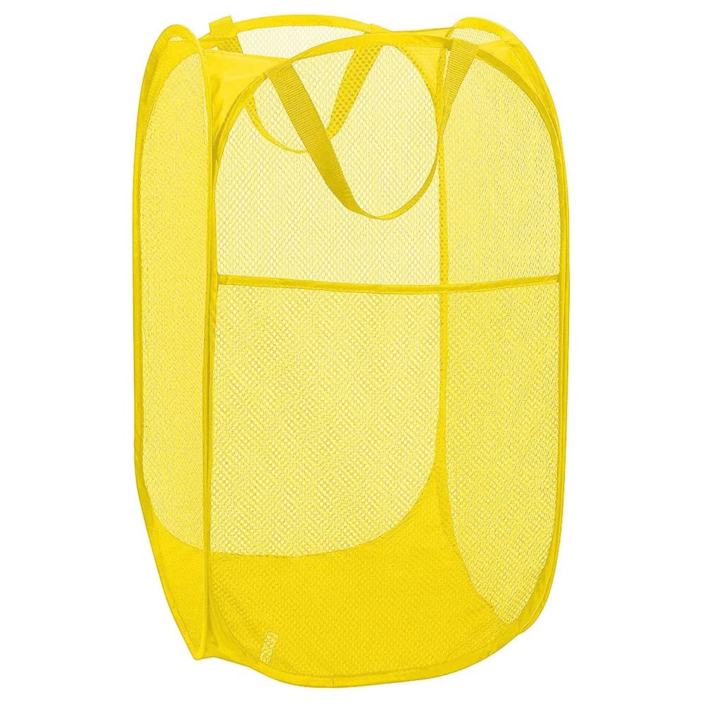 Larpur Pop up Laundry Hamper, Collapsible Mesh Laundry Basket with Side Pocket, Foldable Clothes Hamper for Storage, Home, Dorm, Travel, Cruise, Yellow