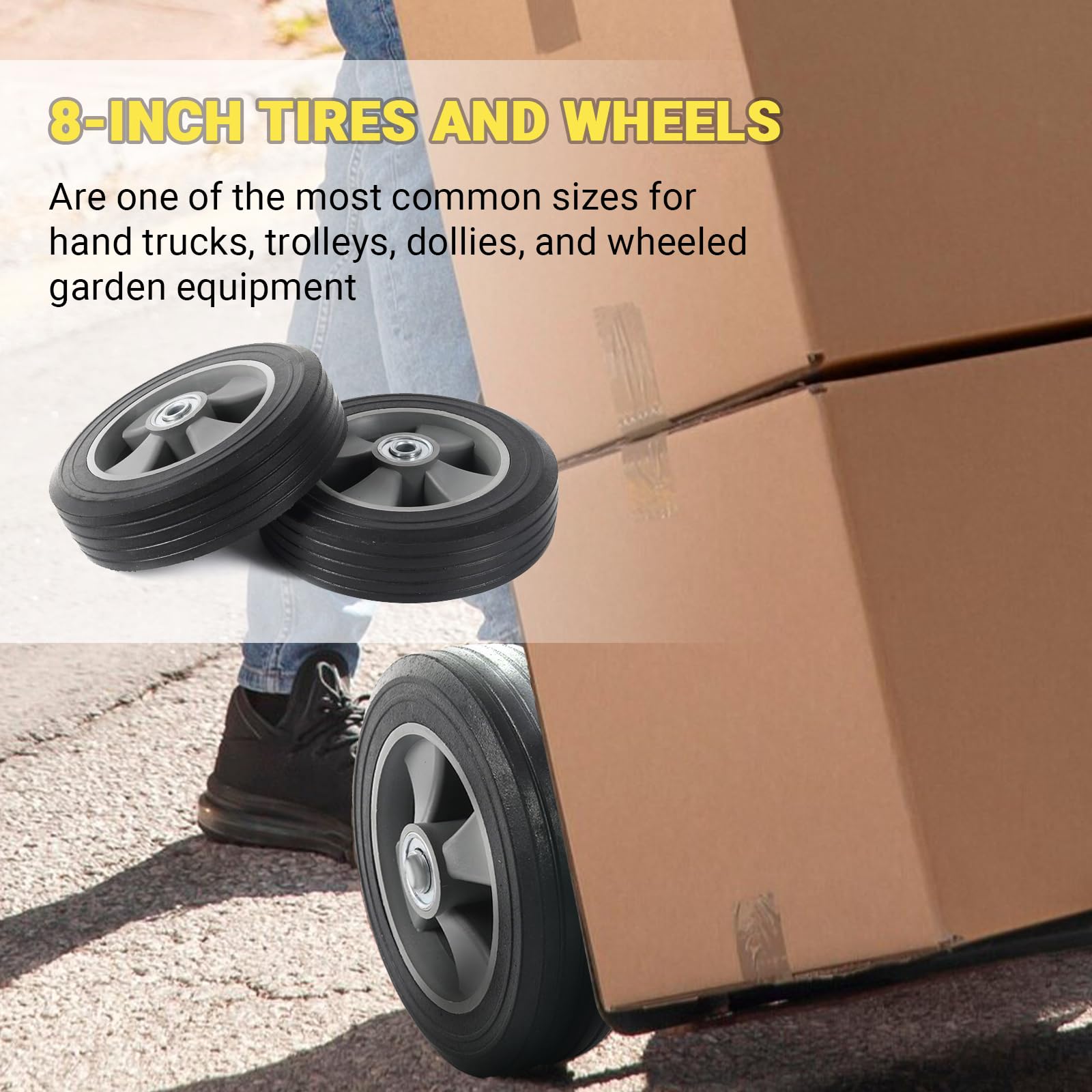 AR-PRO (2-Pack) 8" x 2" Flat Free Solid Rubber Tire and Wheel, 3/4" & 5/8" & 1/2" Axles Bore Hole with 2" Offset Hub, Compatible with 8 Inche Wheel for Dolly Trolley Hand Trucks Garden Wagon Cart