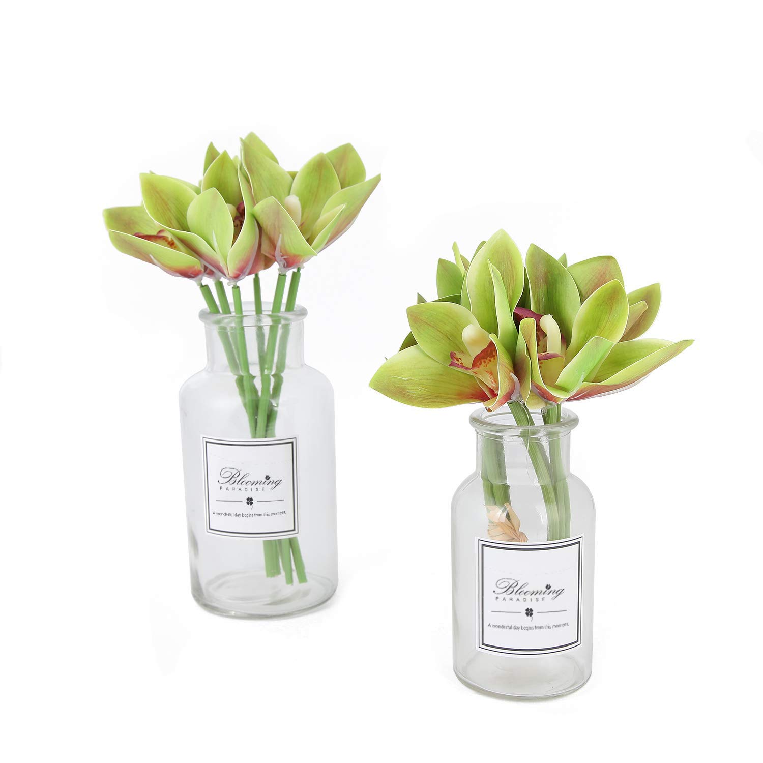 Blooming Paradise 12pcs Real Touch Artificial Fake Plants Silk Cymbidium Orchid Flowers Arrangements Wedding Bouquets Decorations Plastic Floral Table Centerpieces Home Kitchen Garden Party White