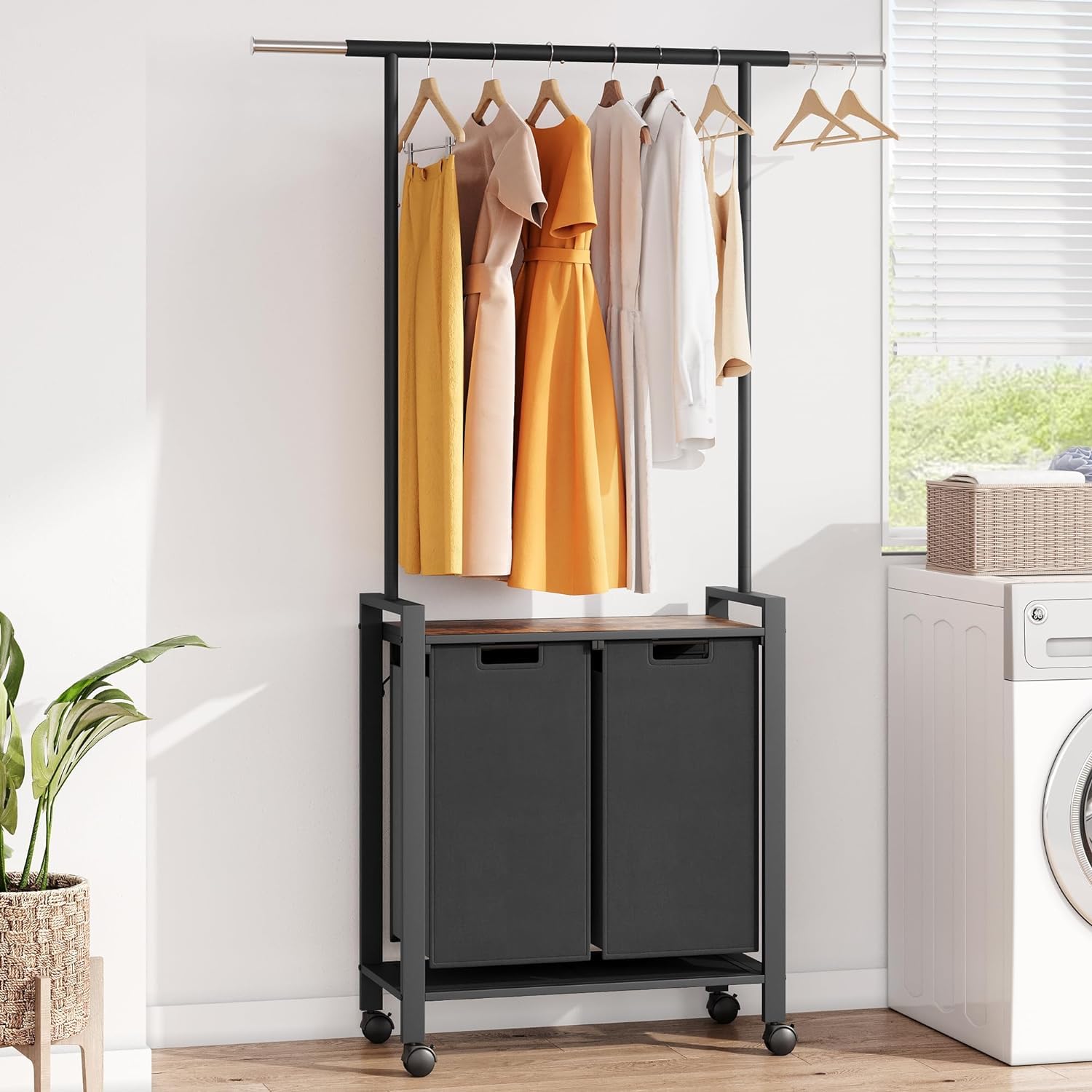 Amyove Laundry Sorter, Rolling Laundry Hamper with Hanging Rack, Laundry Hamper 2-Section with Wheels, Laundry Basket Organizer for Laundry Room, Hampers for Laundry, Rustic Brown