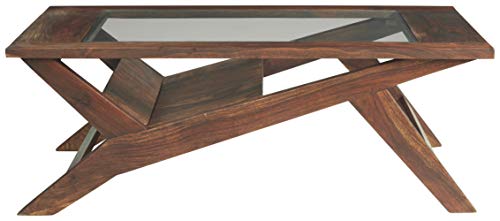 Signature Design by Ashley Charzine Contemporary Rectangular Coffee Table with Clear Tempered Glass Top, Brown