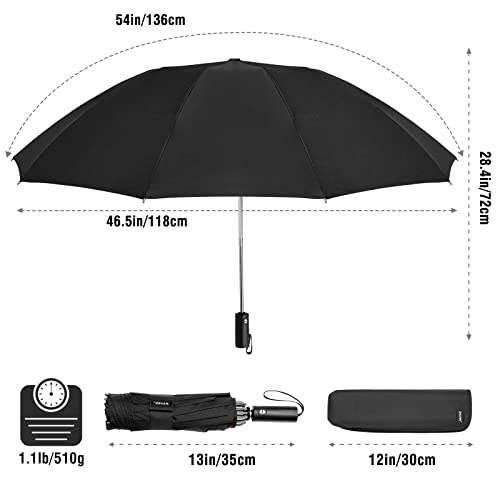 G4Free Large Umbrella 54 Inch Windproof Travel Umbrellas for Rain, Small folding Compact Reverse Umbrella with 10 Ribs Automatic Open Close (Black)