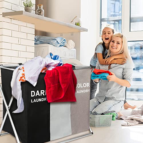 Laundry Cloth Hamper Sorter Basket Bin Foldable 3 Sections with Aluminum Frame Washing Storage Dirty Clothes Bag for Bathroom Bedroom Home Storage Basket (Black+Gray+Coffee, 3 Liner)
