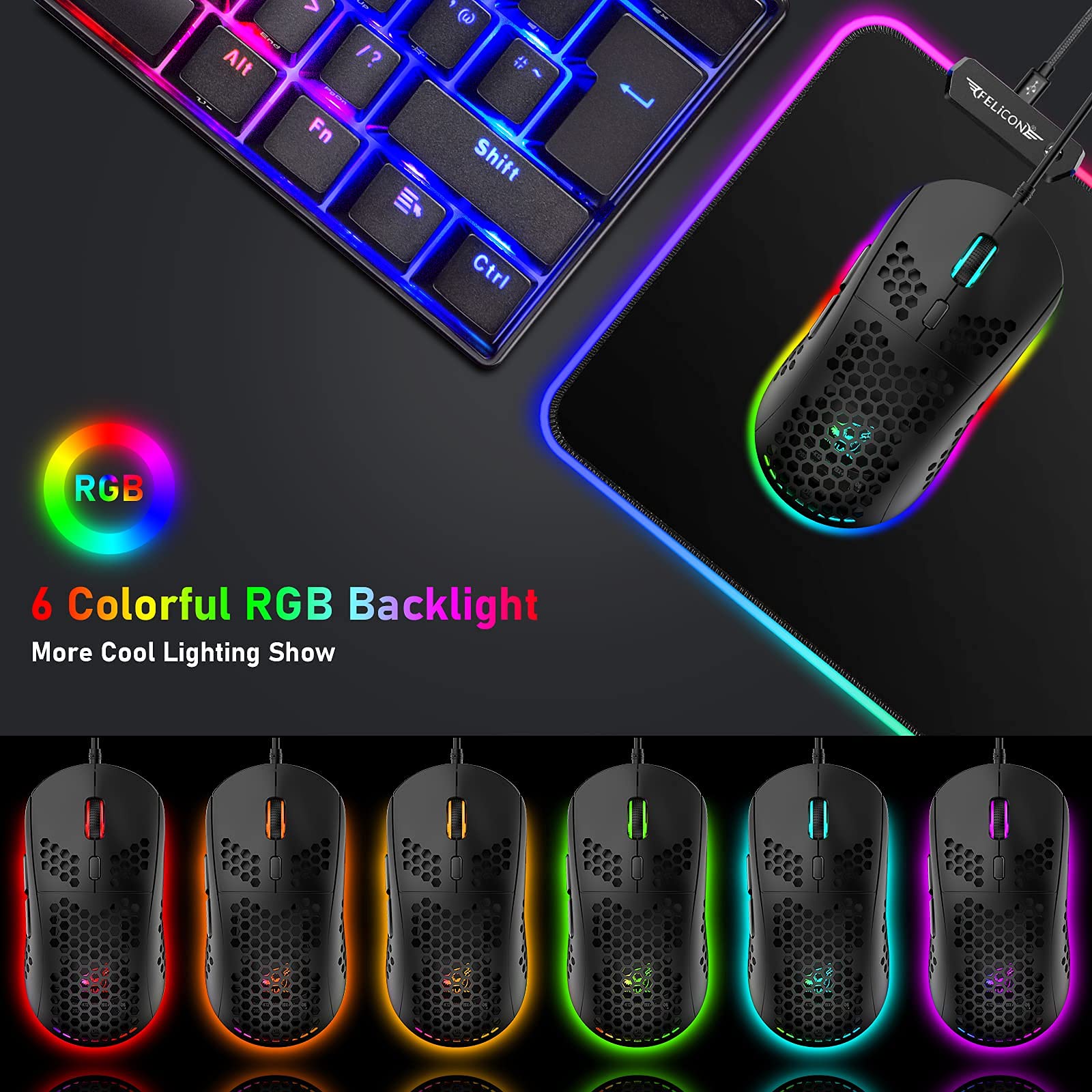 60% Mechanical Gaming Keyboard Mouse and Headset Combo with Rainbow Backlit Anti-ghosting 61 Key Adjustable Microphone 6400DPI Honeycomb Mice USB Wired for PC Mac Gamer Typist(Black RGB/Brown Switch)