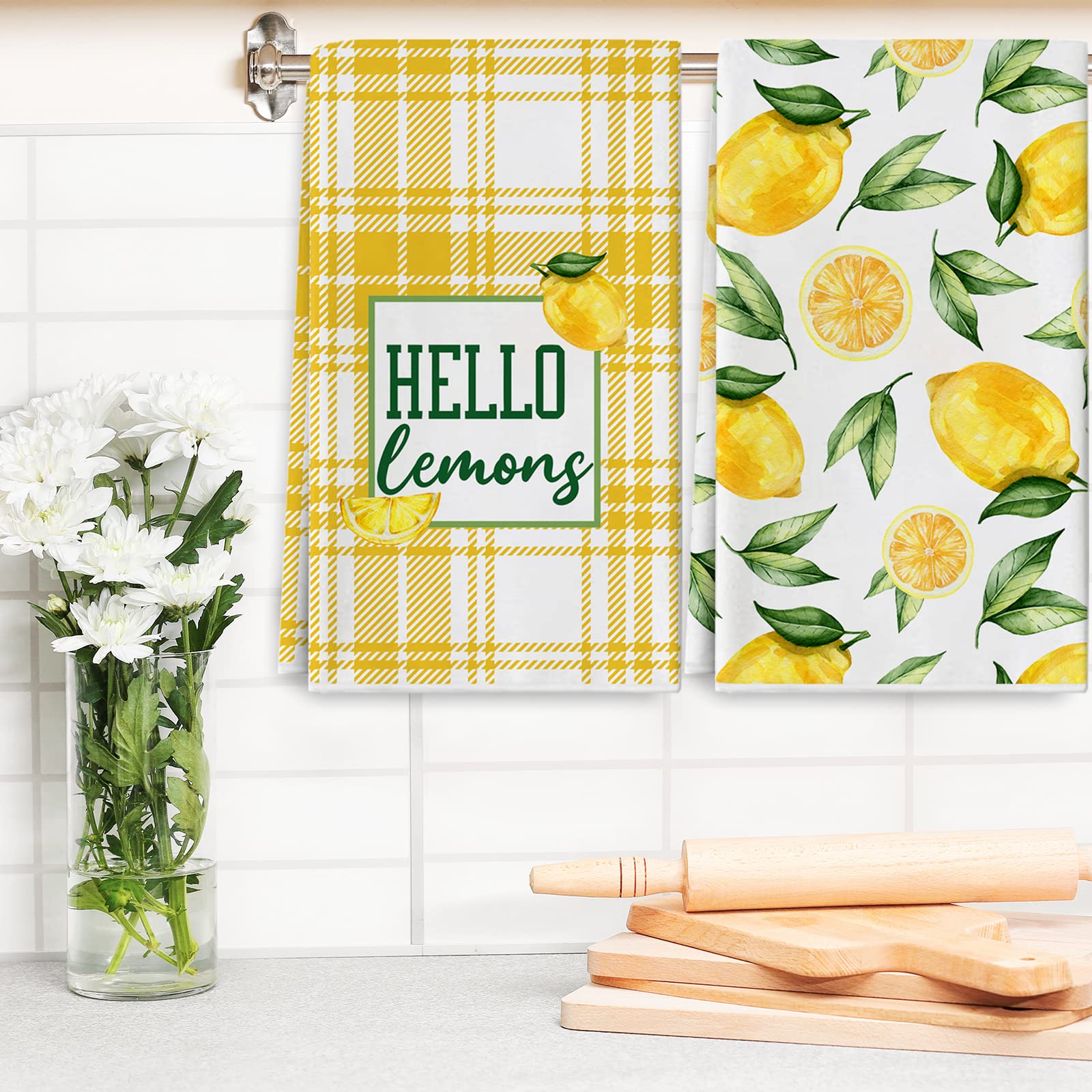 AnyDesign Lemon Kitchen Towel Watercolor Hello Lemons Dish Towel 18 x 28 Inch Spring Summer Yellow Check Plaids Hand Drying Tea Towel for Farmhouse Cooking Baking Cleaning Wipes, Set of 2