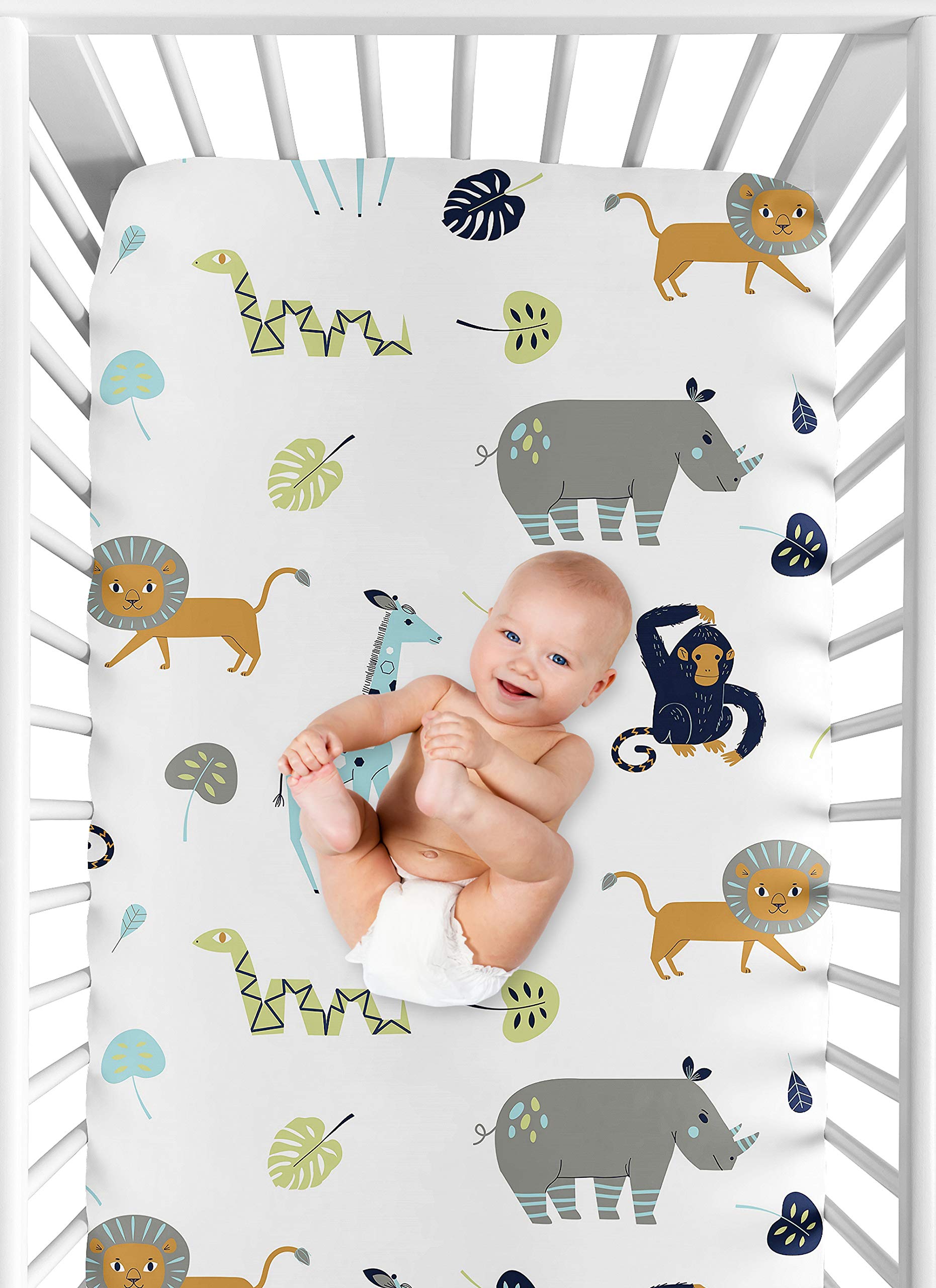 Turquoise and Navy Blue Safari Animal Baby or Toddler Fitted Crib Sheet for Mod Jungle Collection by Sweet Jojo Designs