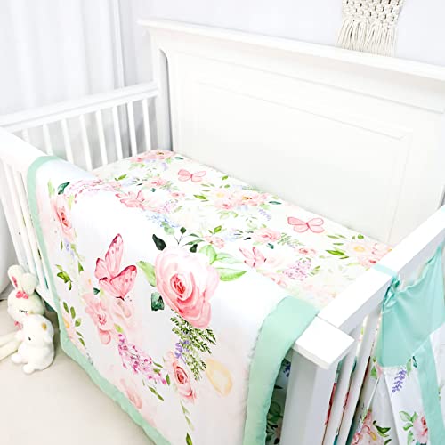 CARUILI 4-Piece Crib Bedding Set, Baby Girl Crib Bedding Set Butterflies Floral Nursery Bedding Set Includes Comforter, Fitted Crib Sheet, Crib Skirt, and Diaper Stacker, Green & Pink