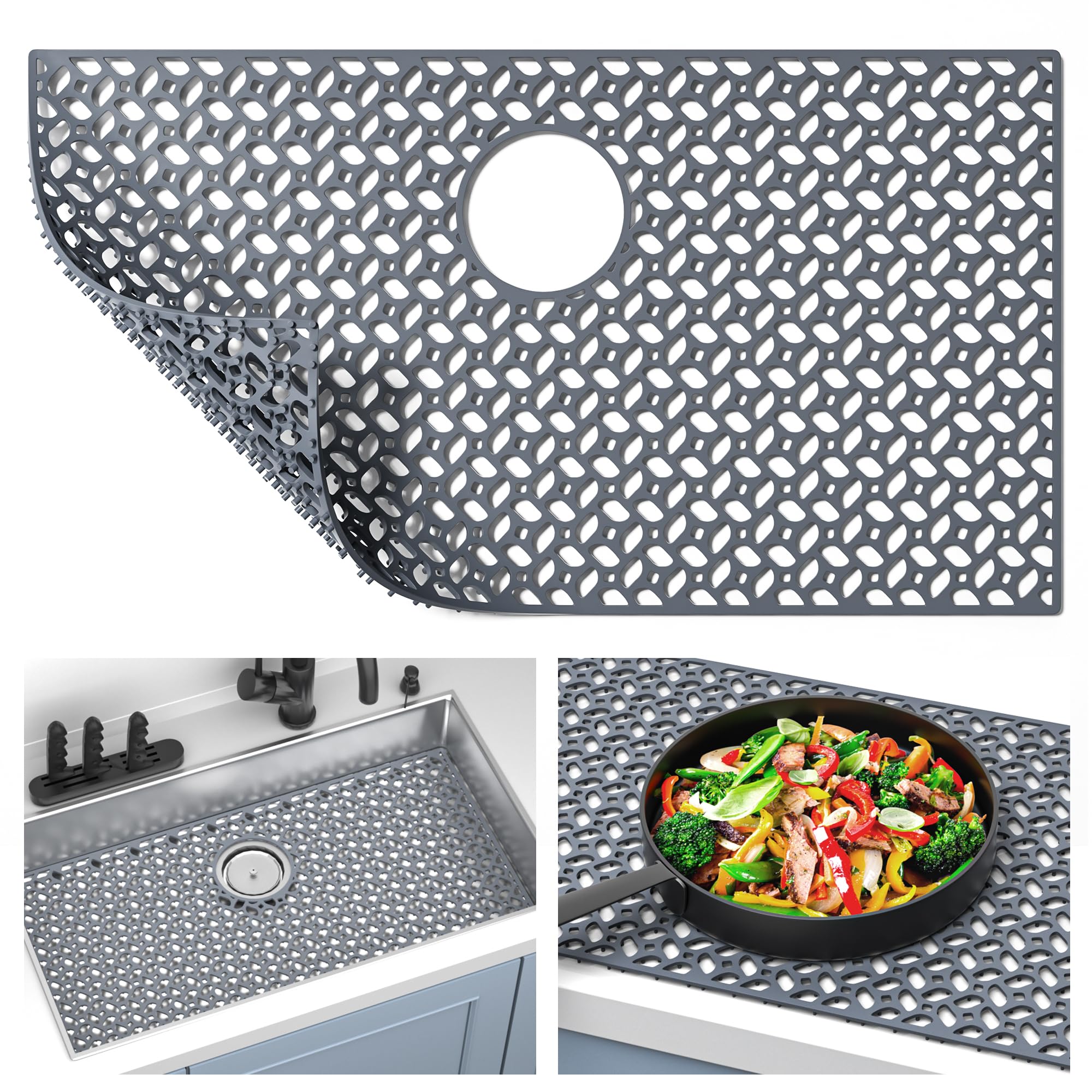 Sink Mat Protector for Kitchen Sink, JUSTOGO 29.5" x 15.6" Silicone Kitchen Sink Protector Grid for Stainless Steel Sink with Rear Drain, Heat Resistant