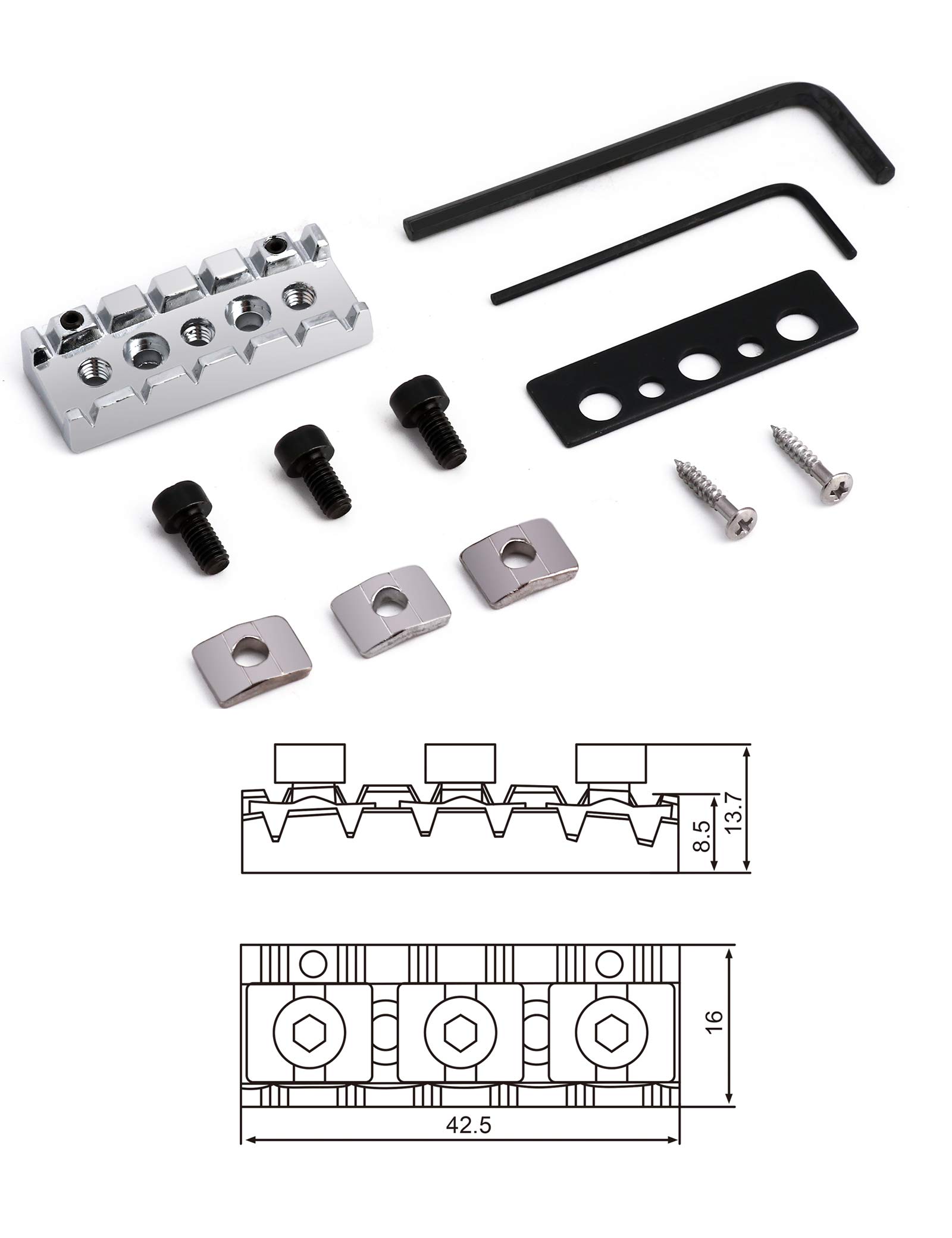 Bogart Guitar String Locking Nut for Floyd Rose Style Adjustable Height Locking Guitar Tremolo Bridge with Mounting Screw Shims and Wrench Chrome.