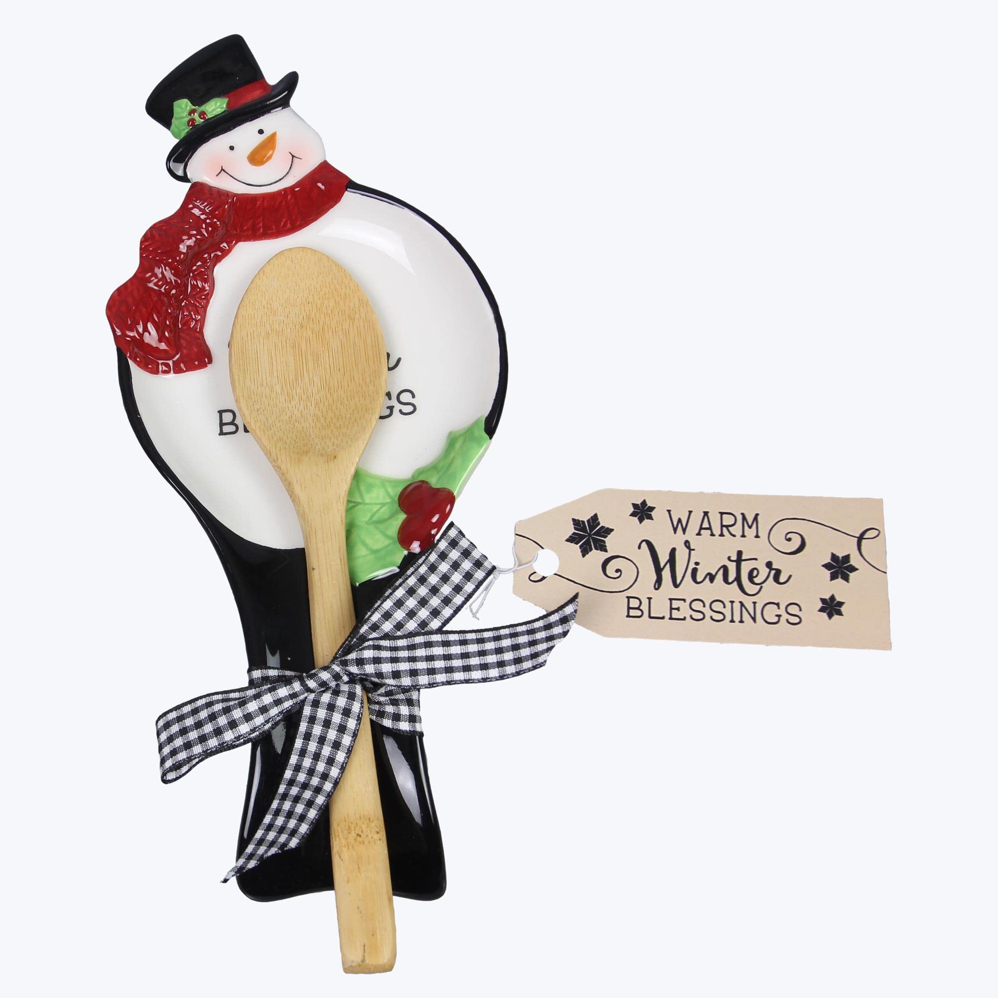 Young's Inc. Spoon Rest - Perfect for Stove Top and Kitchen Counter - Ceramic Holder - Can Hold Ladles, Spatulas, Tongs, and More - Stylish Snowman Design - Comes with Spoon - 9.65" x4.33" x1.18"