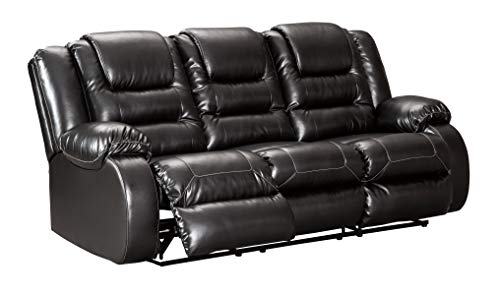 Signature Design by Ashley Vacherie Faux Leather Manual Pull-Tab Reclining Sofa, Black