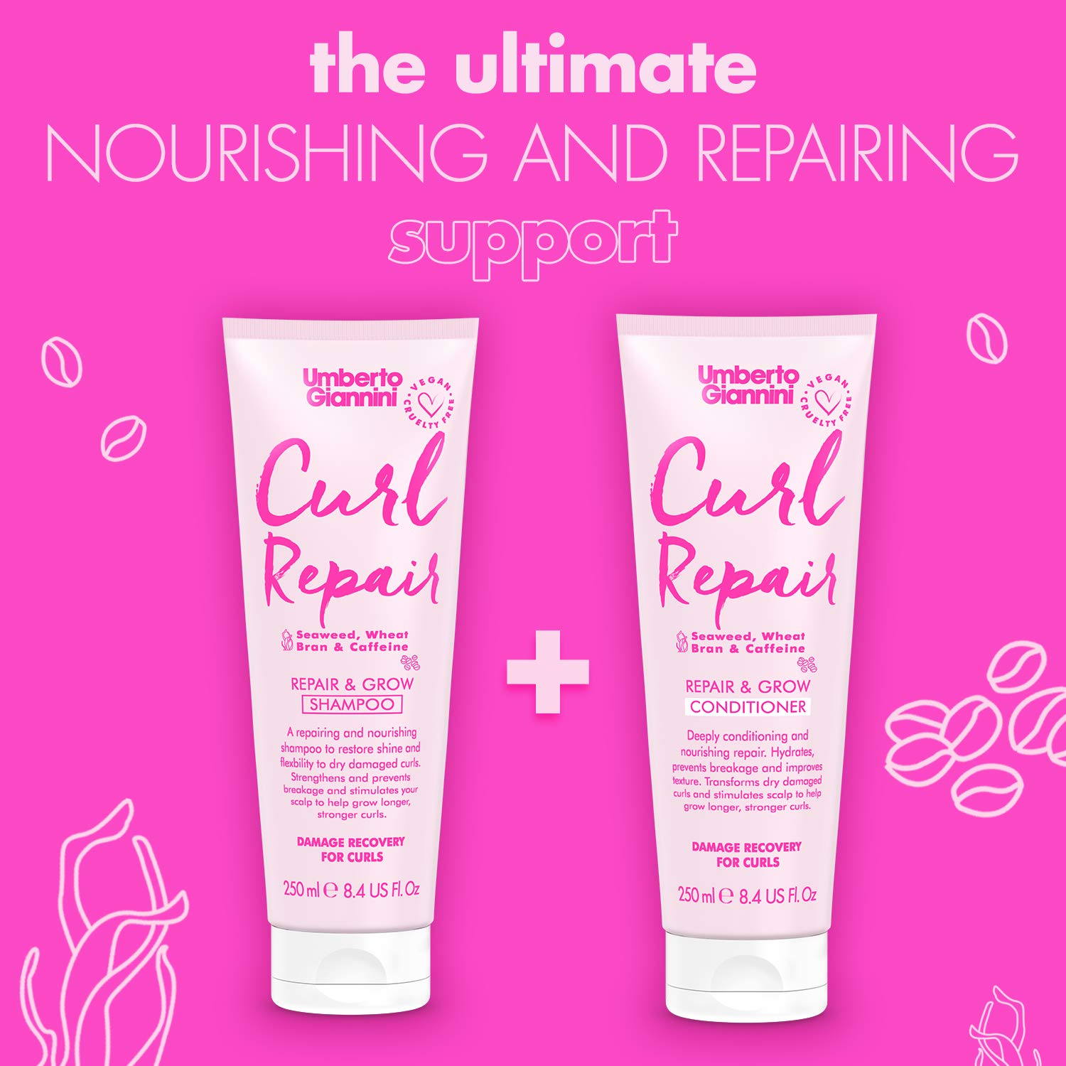 Umberto Giannini Curl Repair Shampoo + Conditioner Set, Vegan & Cruelty Free Repair & Growth Formula with Seaweed, Wheat Bran & Caffeine, 250 ml