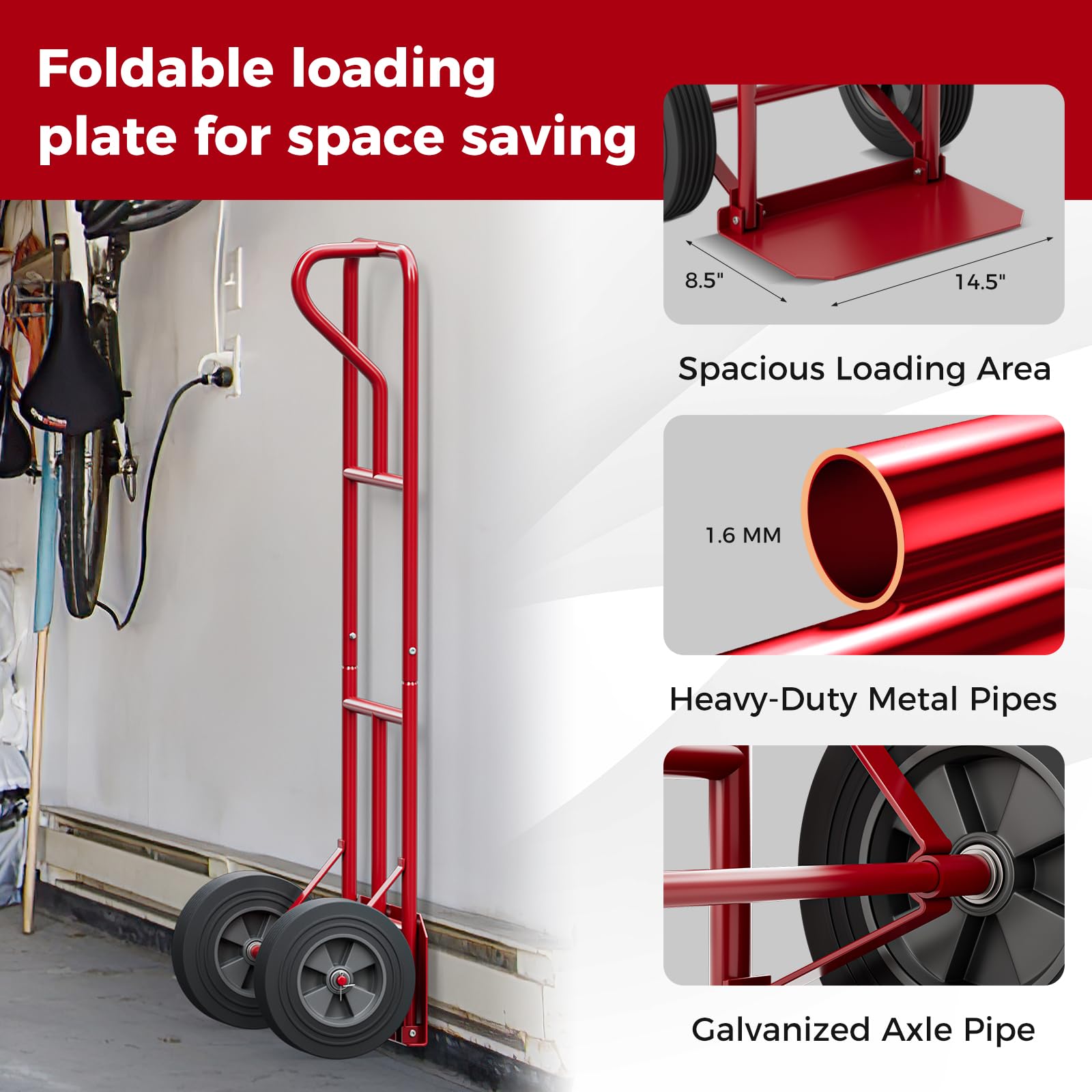 Goplus Hand Truck, P-Handle Hand Truck Dolly w/Vertical Loop Handle, 10β Rubber Wheels, 15βx8β Foldable Nose Plate, 660LBS Capacity, Heavy Duty Metal Dolly Cart for Lifting, Stairs (Red)