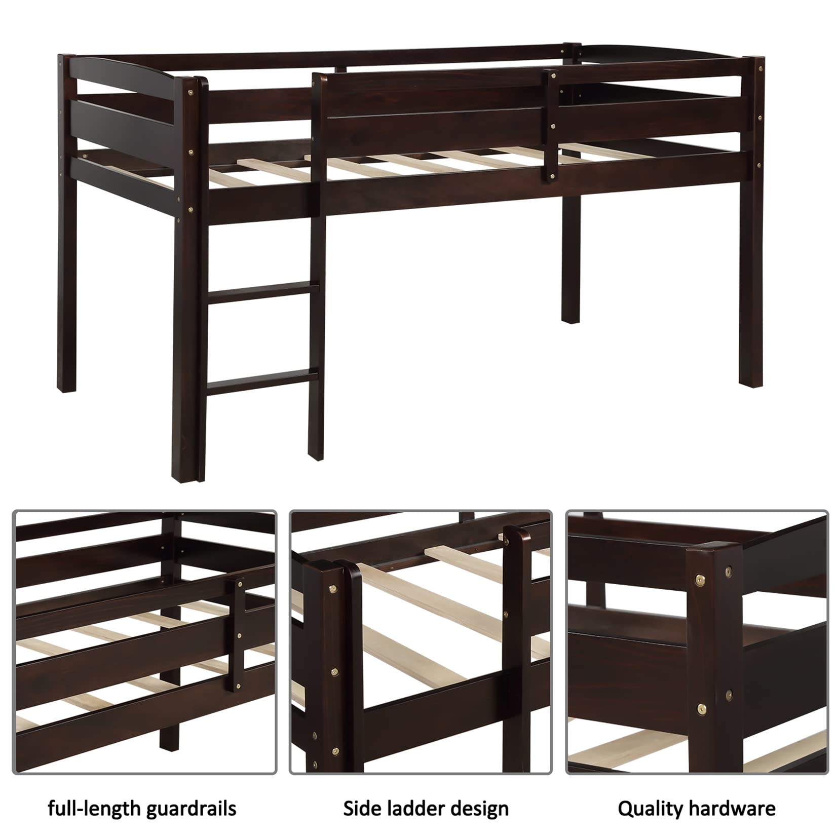 Bellemve Low Loft Bed Twin Size Wooden Loft Bed Frame with Ladder for Kids Girls Boys Teens, Espresso