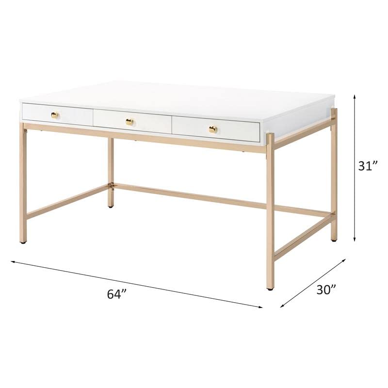 Acme Ottey Wooden Top Writing Desk with 3 Drawers in White High Gloss and Gold