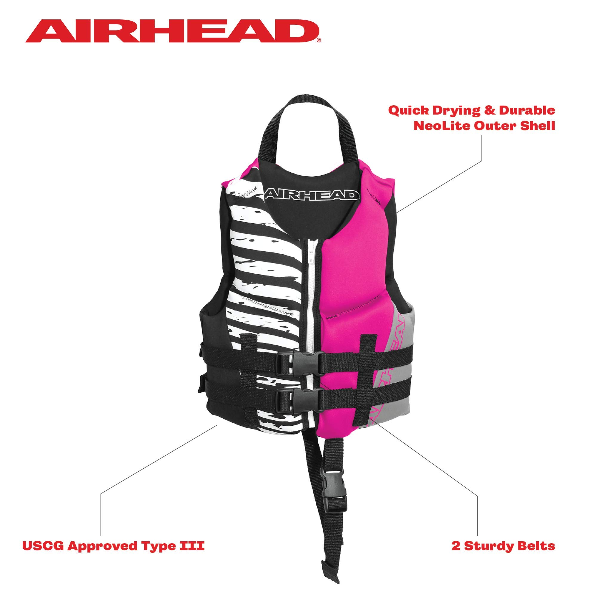 Airhead Child Type III Life Jacket | US Coast Guard Approved | Closed Sided, Quick-Dry | Secure Buckles & Zipper | Wicked Kwik-Dry NeoLite Flex | Hot Pink