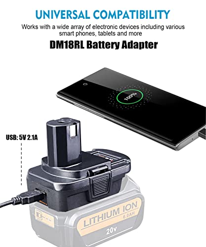 Garystat Battery Adapter DM18RL, Compatible for Dewalt 20V & Milwaukee M18 18V Lithium Battery Convert to for Ryobi 18V P108 ABP1801 Battery for Ryobi 18V Cordless Tools, with USB Port