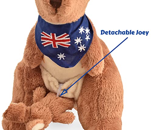 BOHS Plush Kangaroo with Australia Scarf and Removable Joey - Cuddly Soft Stuffed Mom and Baby Animals Toy- 11 Inches